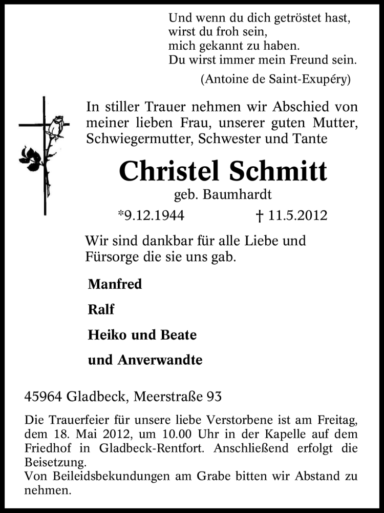 Traueranzeigen von Christel Schmitt | Trauer-in-NRW.de