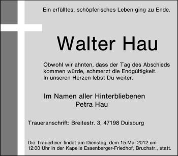 Traueranzeigen von Walter Hau | Trauer-in-NRW.de