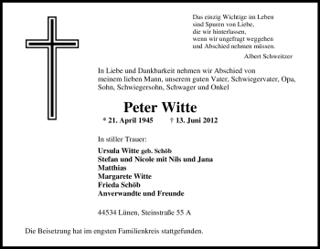 Traueranzeigen von Peter Witte | Trauer-in-NRW.de