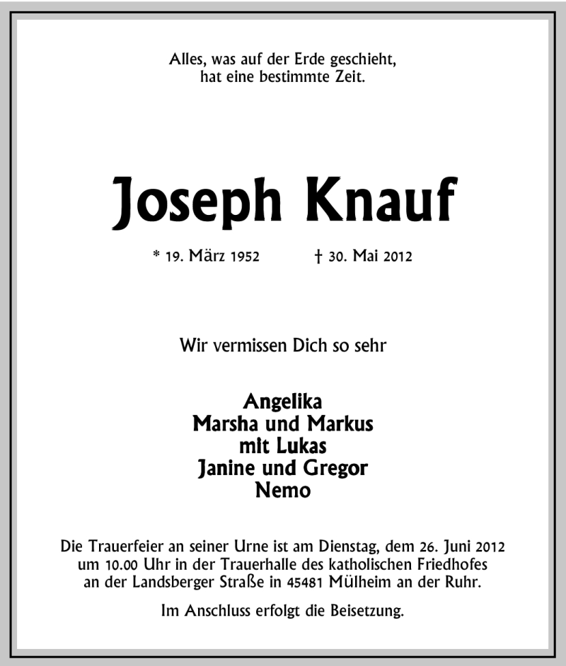 Traueranzeigen von Joseph Knauf | Trauer-in-NRW.de