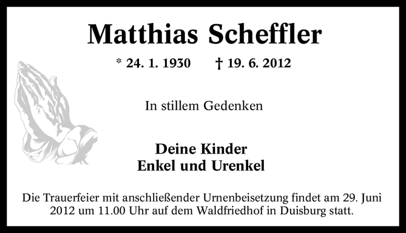 Traueranzeigen von Matthias Scheffler | Trauer-in-NRW.de