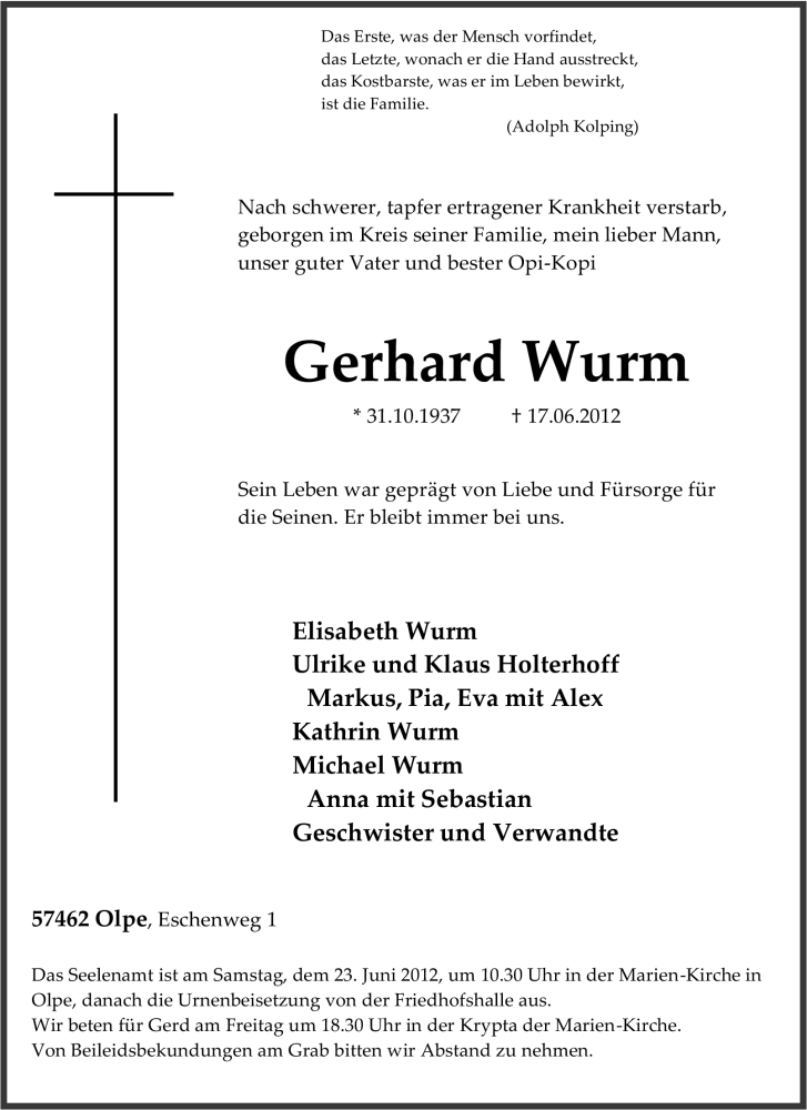 Traueranzeigen von Gerhard Wurm | Trauer-in-NRW.de