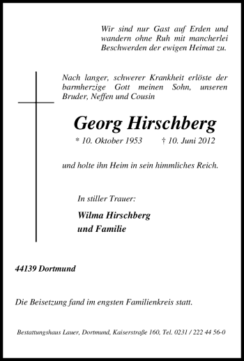 Traueranzeigen von Georg Hirschberg | Trauer-in-NRW.de