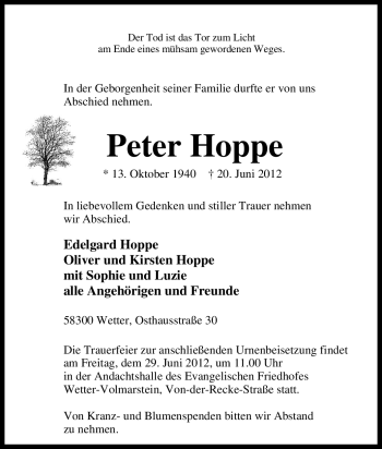 Traueranzeigen von Peter Hoppe | Trauer-in-NRW.de