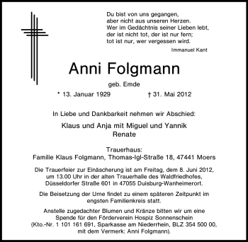 Traueranzeigen von Anni Folgmann | Trauer-in-NRW.de