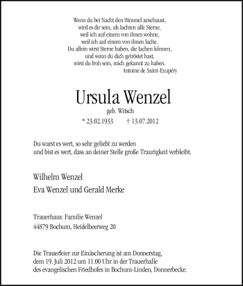 Traueranzeigen von Ursula Wenzel | Trauer-in-NRW.de