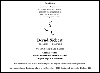 Traueranzeigen von Bernd Siebert | Trauer-in-NRW.de