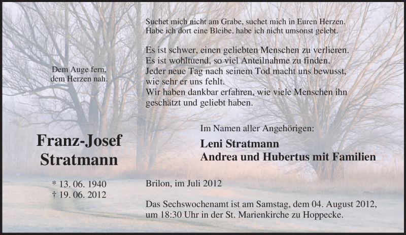 Traueranzeigen von Franz-Josef Stratmann | Trauer-in-NRW.de