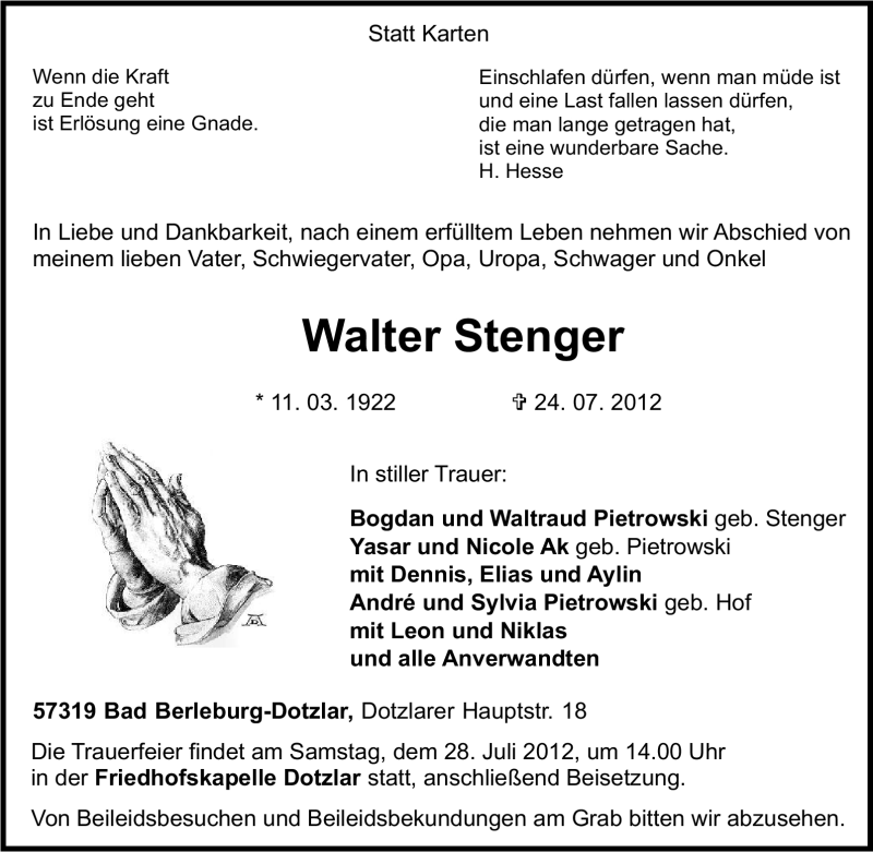 Traueranzeigen von Walter Stenger | Trauer-in-NRW.de