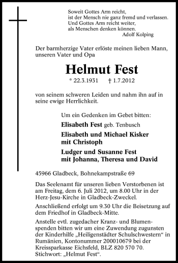 Traueranzeigen von Helmut Fest | Trauer-in-NRW.de