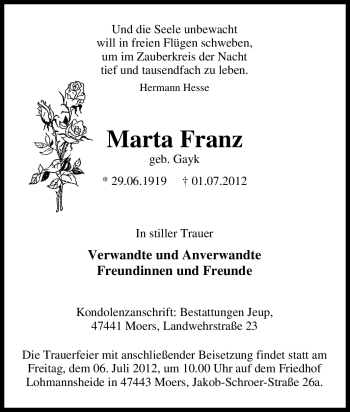 Traueranzeigen von Marta Franz | Trauer-in-NRW.de