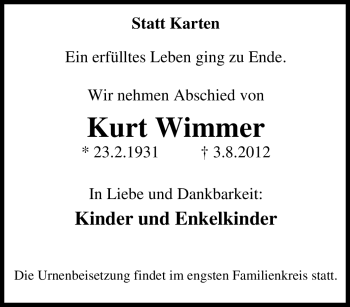Traueranzeigen von Kurt Wimmer | Trauer-in-NRW.de