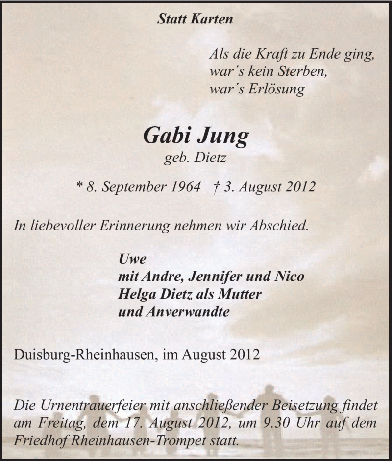 Traueranzeigen Von Gabi Jung Trauer In Nrw De