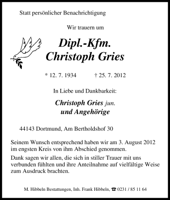 Traueranzeigen von Christoph Gries | Trauer-in-NRW.de