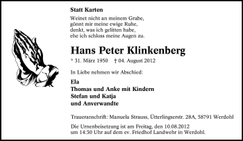 Traueranzeigen von Hans Peter Klinkenberg | Trauer-in-NRW.de