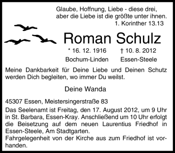 Traueranzeigen von Roman Schulz | Trauer-in-NRW.de