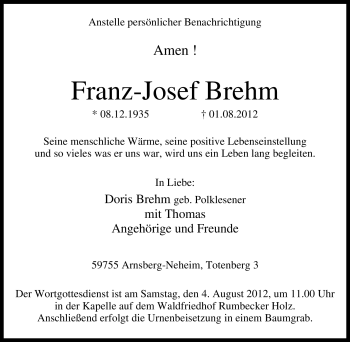 Traueranzeigen von Franz-Josef Brehm | Trauer-in-NRW.de