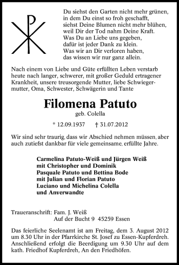 Traueranzeigen von Filomena Patuto | Trauer-in-NRW.de