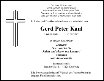Traueranzeigen von Gerd Peter Kaul | Trauer-in-NRW.de