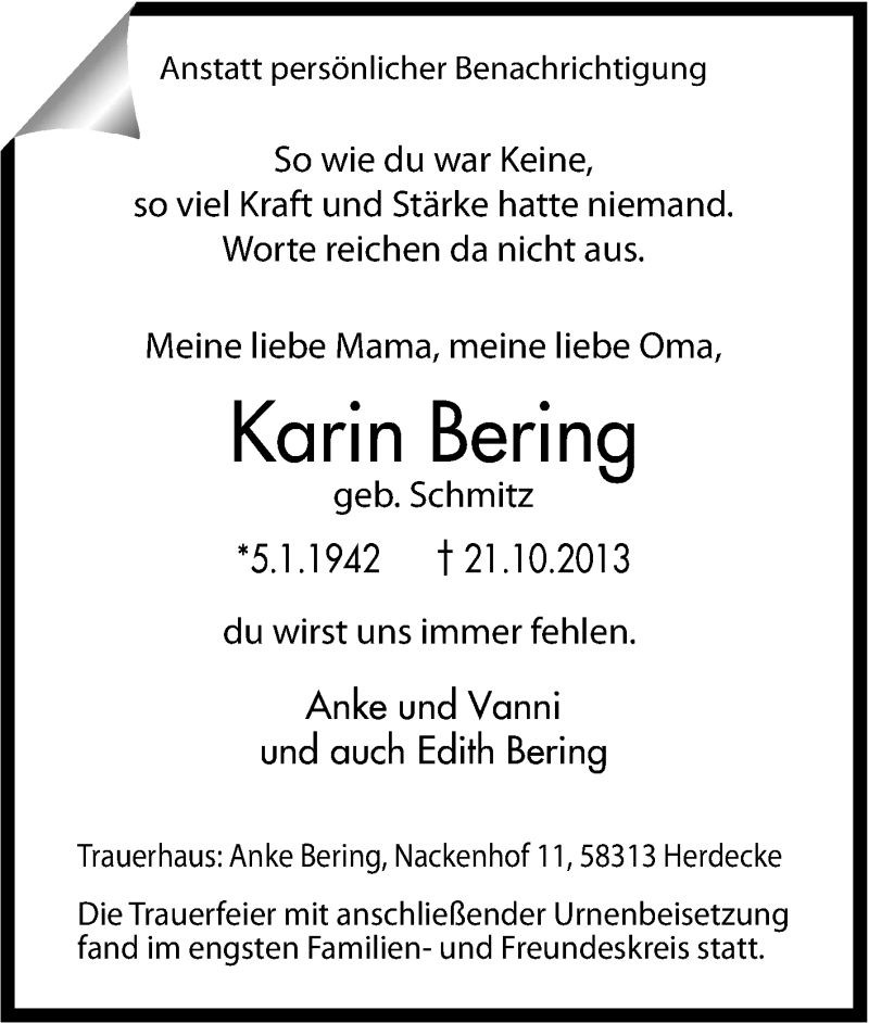Traueranzeigen von Karin Bering | Trauer-in-NRW.de