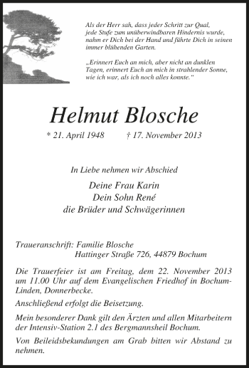 Traueranzeigen von Helmut Blosche | Trauer-in-NRW.de