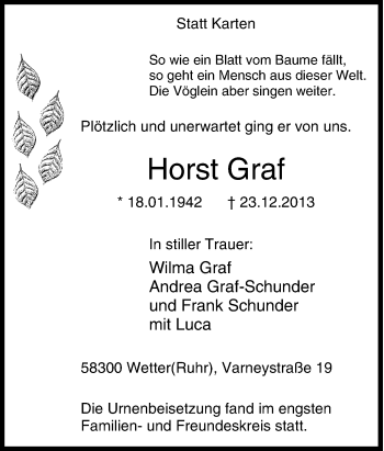 Traueranzeigen von Horst Graf | Trauer-in-NRW.de