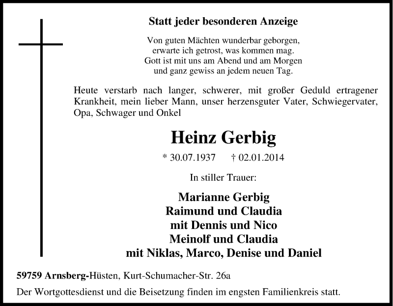 Traueranzeigen von Heinz Gerbig | Trauer-in-NRW.de