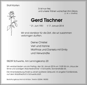 Traueranzeigen von Gerd Tischner | Trauer-in-NRW.de