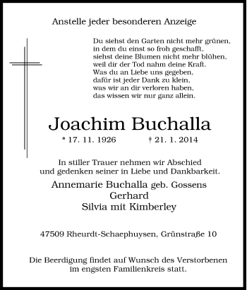 Traueranzeigen von Joachim Buchalla | Trauer-in-NRW.de