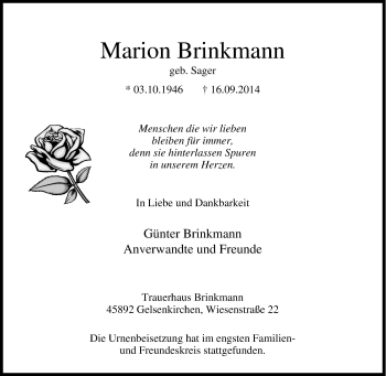 Traueranzeigen von Marion Brinkmann | Trauer-in-NRW.de