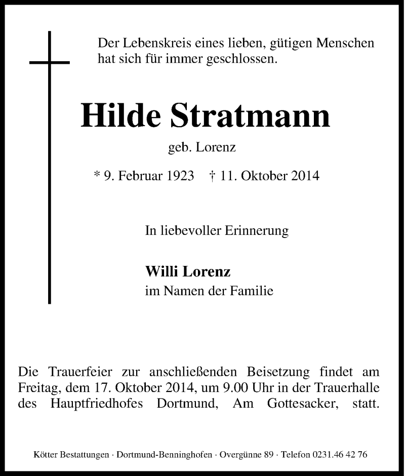 Traueranzeigen von Hilde Stratmann | Trauer-in-NRW.de