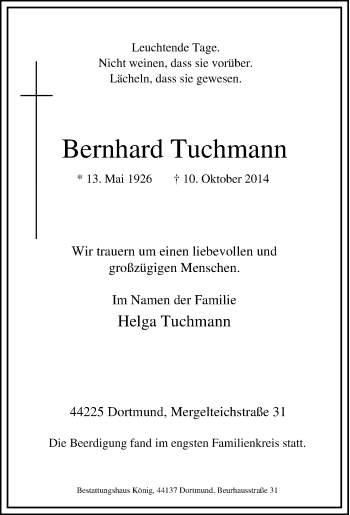 Traueranzeigen von Bernhard Tuchmann | Trauer-in-NRW.de