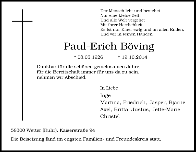 Traueranzeigen von Paul Erich Böving | Trauer-in-NRW.de