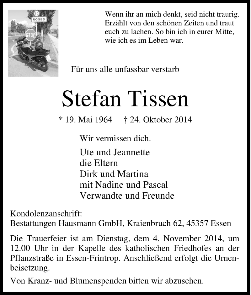 Traueranzeigen von Stefan Tissen | Trauer-in-NRW.de