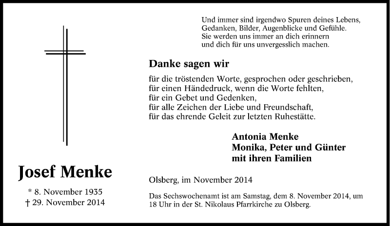 Traueranzeigen von Josef Menke | Trauer-in-NRW.de