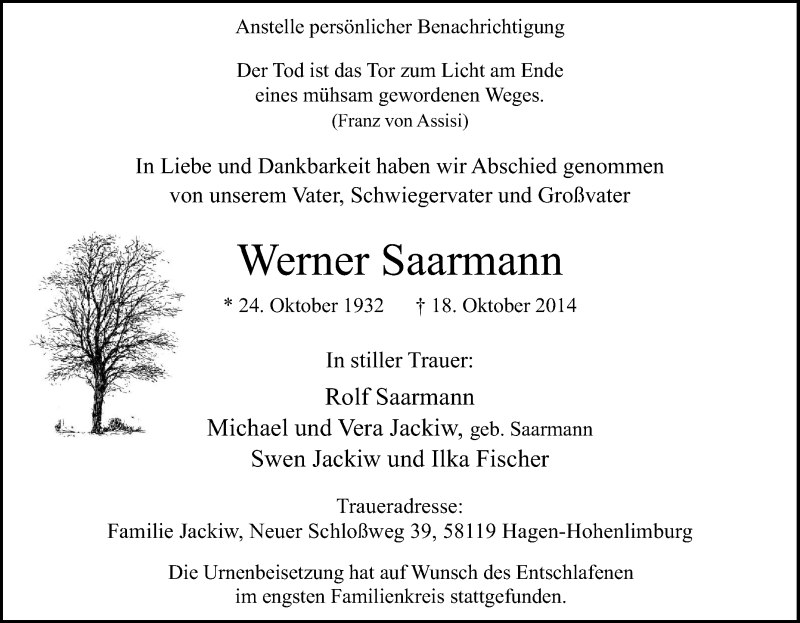 Traueranzeigen von Werner Saarmann | Trauer-in-NRW.de