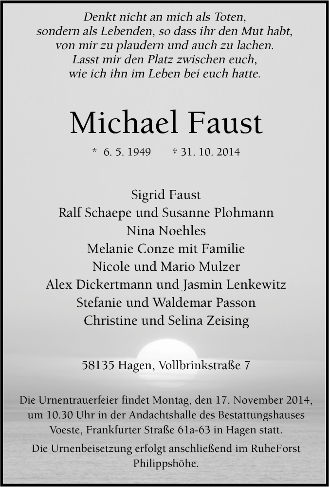 Traueranzeigen von Michael Faust | Trauer-in-NRW.de