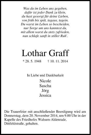Traueranzeigen von Lothar Graff | Trauer-in-NRW.de
