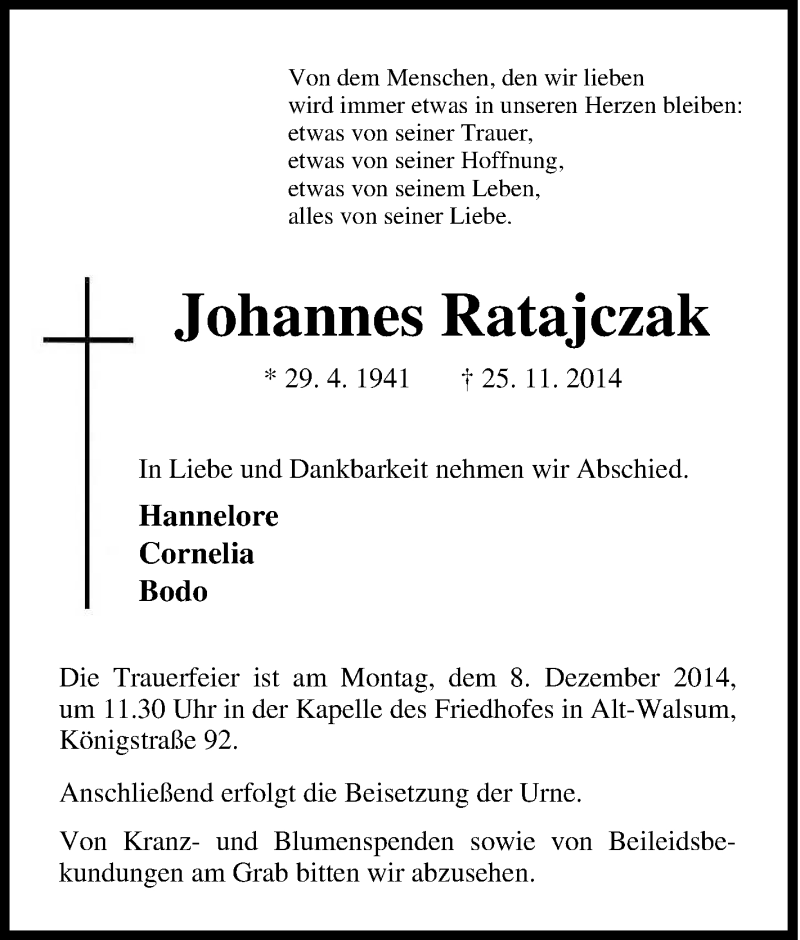 Traueranzeigen von Johannes Ratajczak | Trauer-in-NRW.de