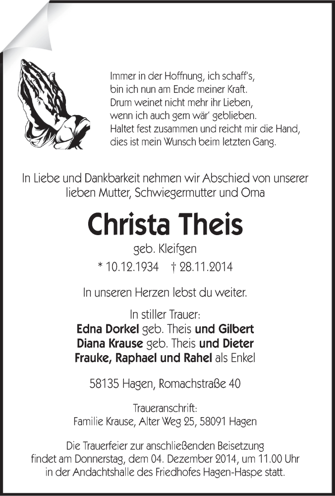 Traueranzeigen von Christa Theis | Trauer-in-NRW.de