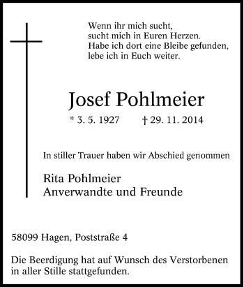 Traueranzeigen von Josef Pohlmeier | Trauer-in-NRW.de