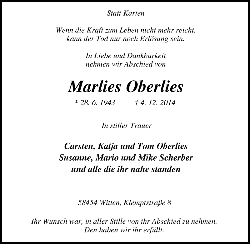 Traueranzeigen von Marlies Oberlies | Trauer-in-NRW.de