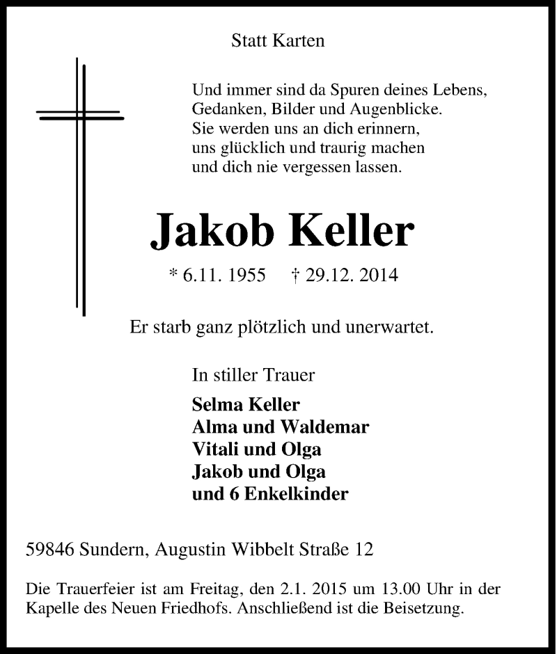 Traueranzeigen von Jakob Keller | Trauer-in-NRW.de