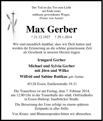Traueranzeigen von Max Gerber | Trauer-in-NRW.de