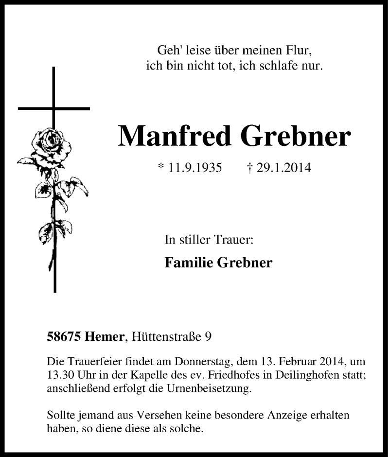 Traueranzeigen von Manfred Grebner | Trauer-in-NRW.de