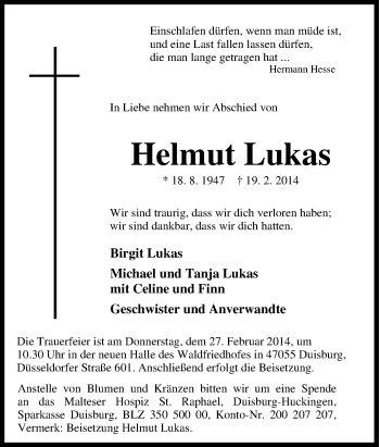 Traueranzeigen von Helmut Lukas | Trauer-in-NRW.de