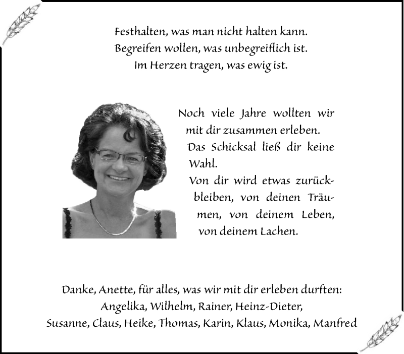Traueranzeigen von Anette | Trauer-in-NRW.de