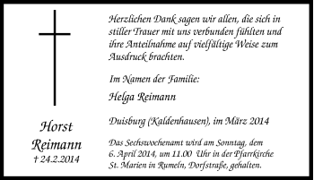 Traueranzeigen von Horst Reimann | Trauer-in-NRW.de