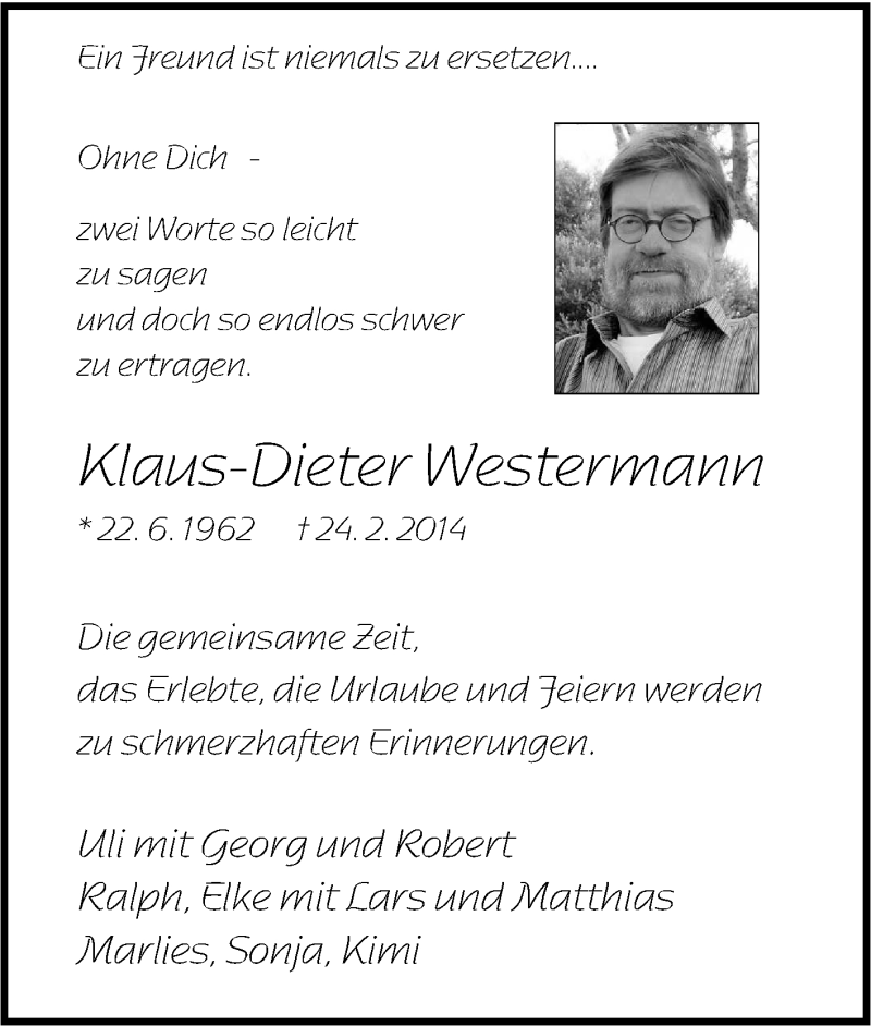 Traueranzeigen von Klaus-Dieter Westermann | Trauer-in-NRW.de