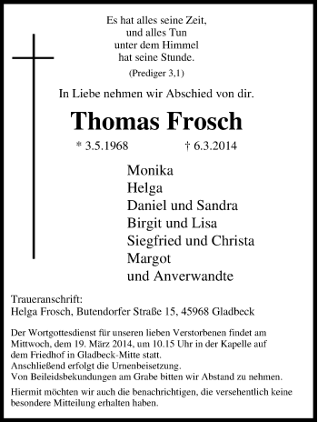 Traueranzeigen von Thomas Frosch | Trauer-in-NRW.de